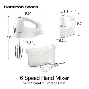 Hamilton Beach 6-Speed Electric Hand Mixer with Whisk, Traditional Beaters, Snap-On Storage Case, White