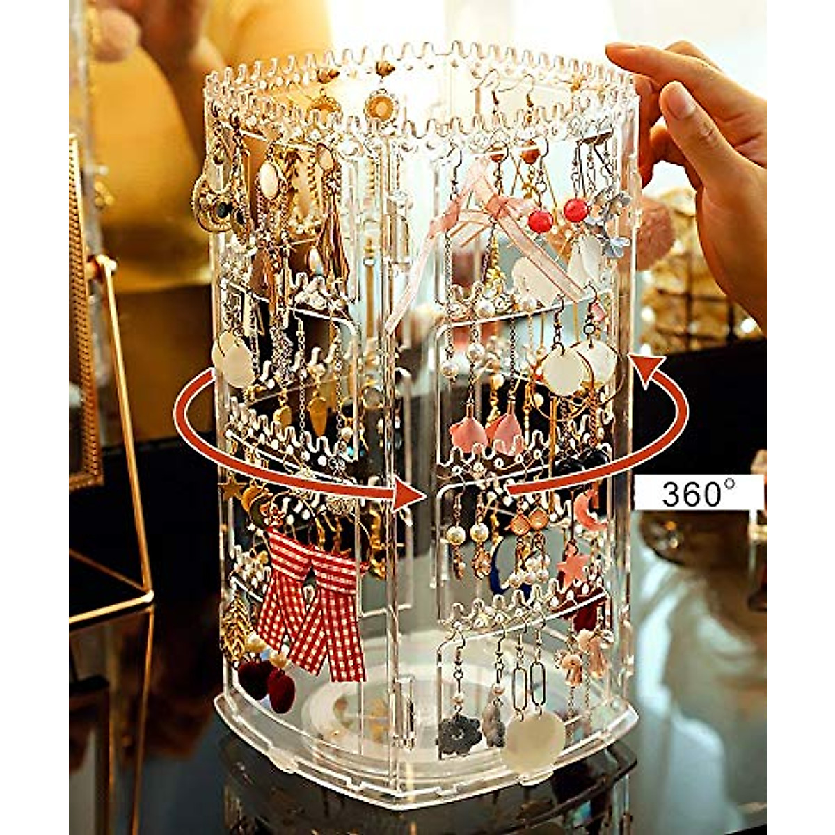 Cq acrylic 360 Rotating Earring Holder Organizer Clear Jewelry Displays Dangle Earinging Rack Necklace Bracelet Carousel Tree Towers,4 Tier Hanging Earring Display Stands For Selling,Pack of 1