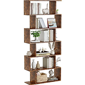 Yusong Geometric Bookcase, Bookshelf 6-Tier S Shaped Book Shelves for Bedroom, Modern Wood Decorative Display Shelf Tall Book Case for Home Office, Rustic Brown