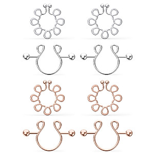Kadogohno Fake Faux Non Piercing No Pierce Clip On Cute Metal Body Piercing Rings Barbells Jewelry Set for Women Hypoallergenic Stainless Steel