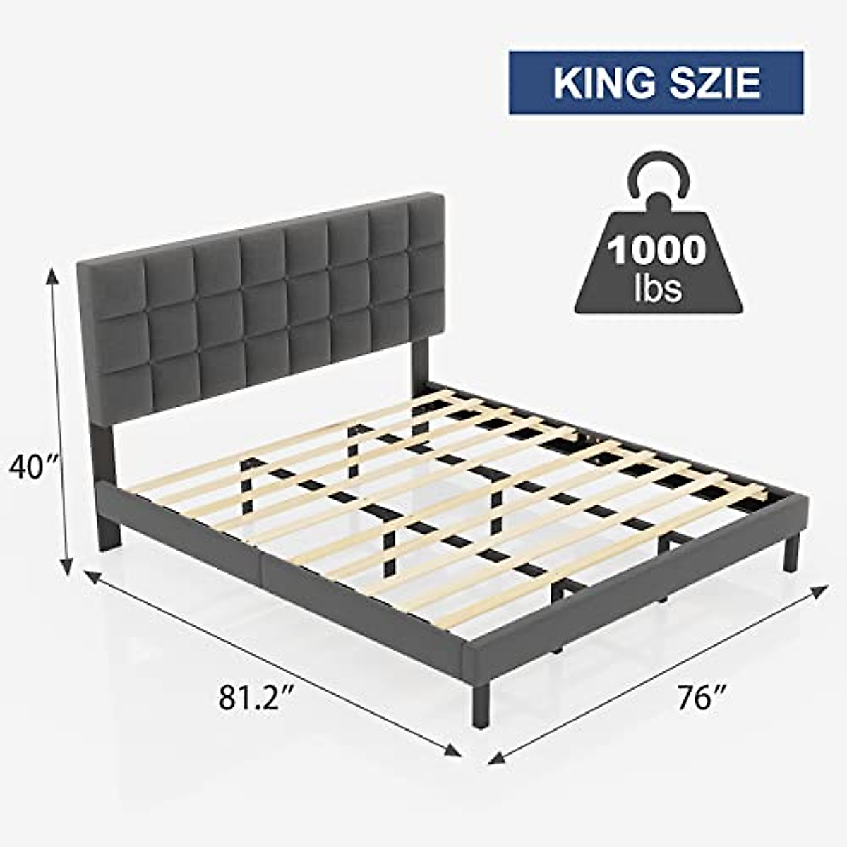 Molblly King Bed Frame Upholstered Platform with Headboard and Strong Wooden Slats,Non-Slip and Noise-Free,No Box Spring Needed, Easy Assembly,Dark Gray
