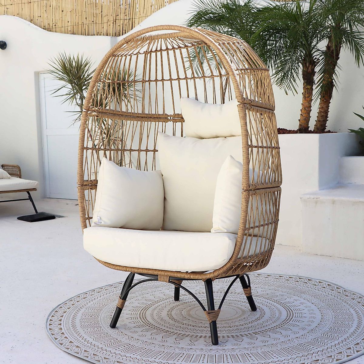 NICESOUL® 7 Pcs Boho Outdoor Patio Furniture Sofa Set with Egg Chair, L-Shaped Lounge Chair with Beige Cushions, Wicker Conversation Set with Ice Bucket for Garden Balcony Deck Bohemian Cream Color