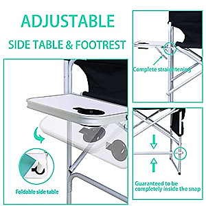 ABACAD Tall Director Chair Foldable, Portable Makeup Artist Chair Bar Height, Outdoors Folding Chair with Side Table Storage Bag Foot Rest, Black