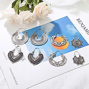 Florideco 6 Pairs Vintage Bohemian Drop Dangle Earrings Boho National Style Hollow Petal Heart Shaped Beaded Statement Earrings for Women Hypoallergenic Silver Jewelry
