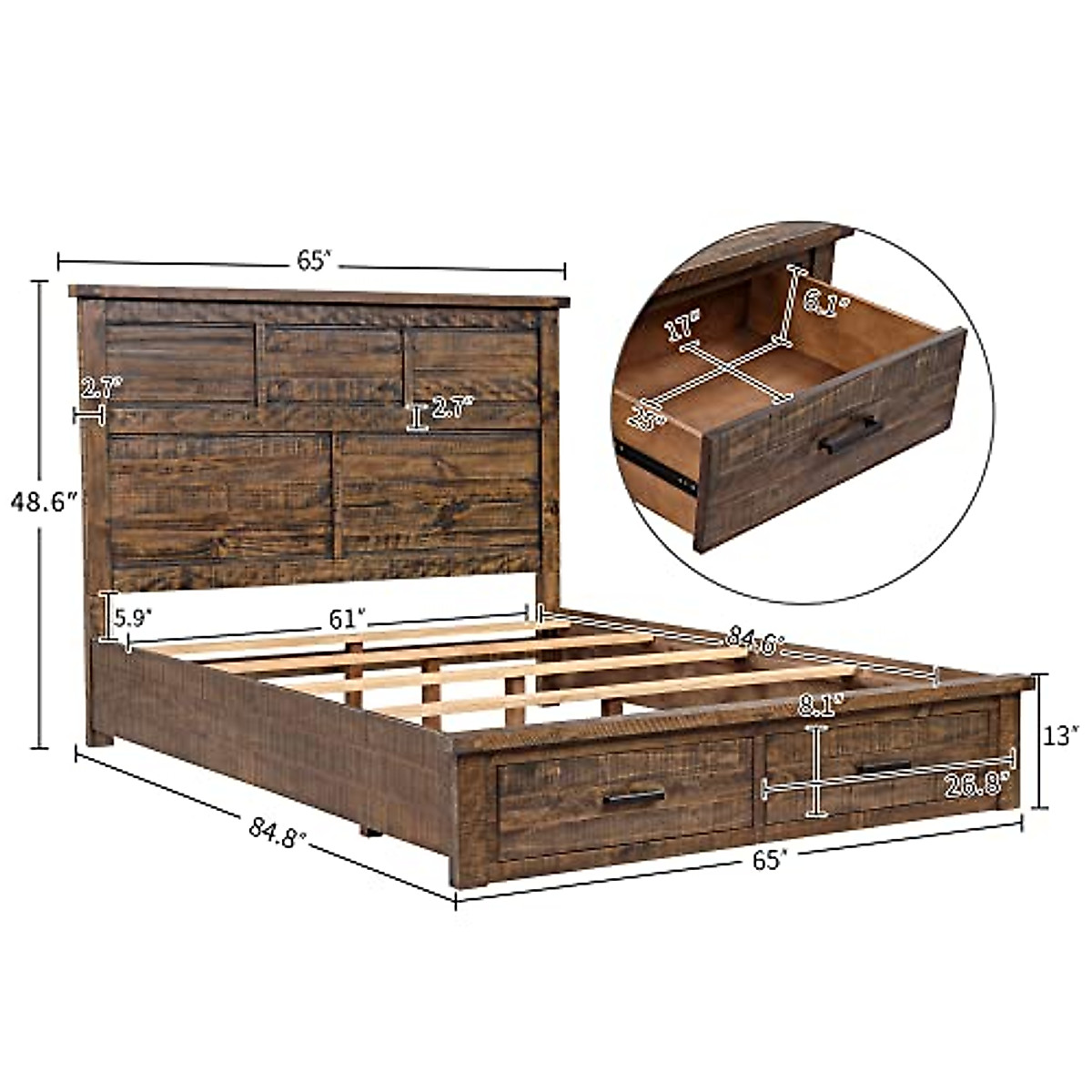 HBRR Queen Bed Frame with 2 Storage Drawers & Headboard, Platform Bed Queen Size, Mattress Foundation with Wood Slats Support, No Box Spring Needed Noise-Free, Natural