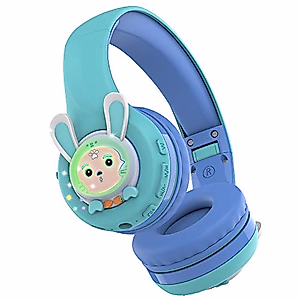 Riwbox RB-7S Rabbit Kids Headphones Wireless, LED Light Up Bluetooth Over Ear Headset Volume Limited Safe 75dB/85dB/95dB with Mic and TF-Card, Children Headphones for Girls Boys (Blue&Green)