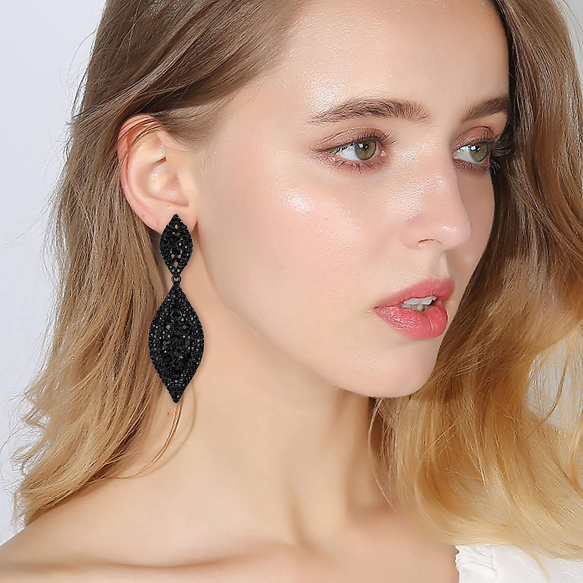 Flyonce Clip On Earrings for Women Rhinestone Crystal Wedding Bridal Clip-on Drop Dangle Earrings Black Black-Tone