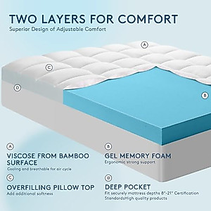 HYLEORY Dual Layer 4 Inch Memory Foam Mattress Topper King Size, Breathable & Medium Support, 2 Inch Cooling Gel Memory Foam & 2 Inch Viscose from Bamboo Pillow Top Mattress Pad Cover for Back Pain