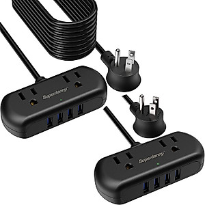 Power Strip with USB, SUPERDANNY Mini Surge Protector with 2 Wide-Spaced Outlets & 4 USB Ports, 5/10 Ft Extension Cord, Flat Plug, Compact Size Desktop Charging Station for Travel, Home, Office, Black