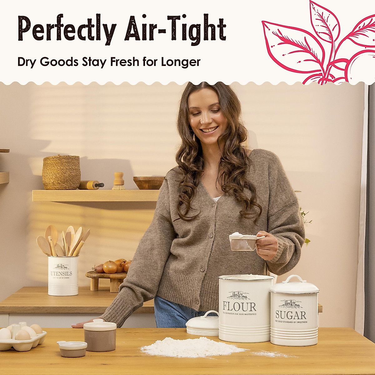 noonberry Set of 5 Canisters for Kitchen Counter, White Containers, Airtight Coffee Tea Flour Sugar Canisters Set & Utensil Holder for the Kitchen Countertop