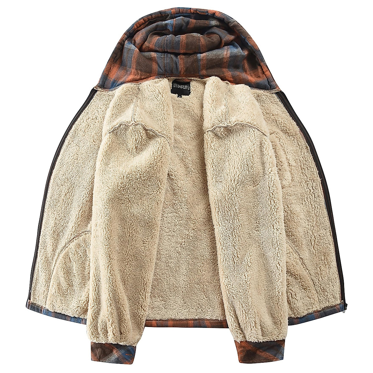 Elesuit Men's Fleece Jackets for Men Sherp Plaid Flannel Sweatshirt for Men Zip Hooides Orange Medium