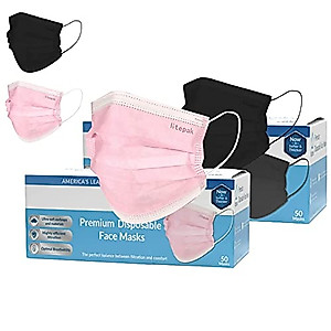 100pcs Litepak Adult Disposable Face Mask - Pink And Black Masks