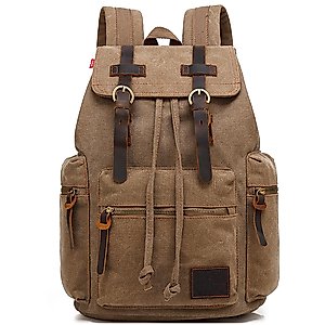 HuaChen Vintage Travel Canvas Leather Backpack,Laptop Backpacks Rucksack,Shoulder Camping Hiking Backpacks for Men Women Medium Size (M32_Brown)