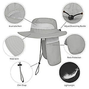 LCZTN Mens UPF 50+ Sun Protection Safari Cap Wide Brim Fishing Hiking Hat with Neck Flap for Garden Work (Light Grey)