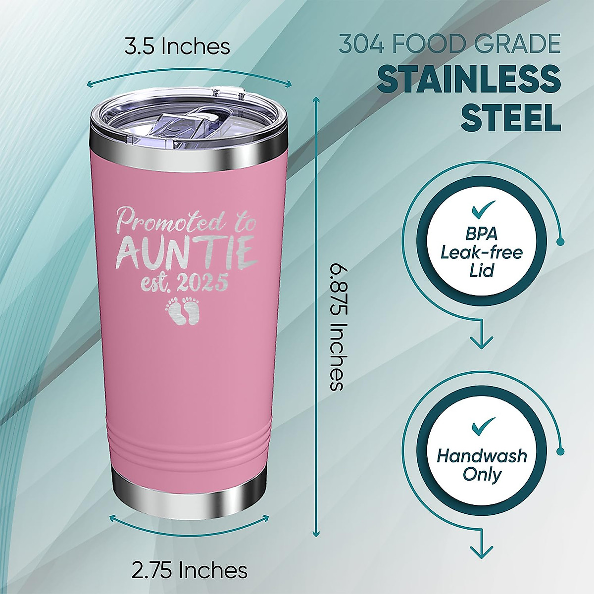 shop4ever Promoted to Auntie Est. 2025 Tumbler Insulated Tumbler 20 oz. with Lid, Stainless Steel Cups Travel Coffee Mug New Aunt Baby Announcement Gift (Light Pink)