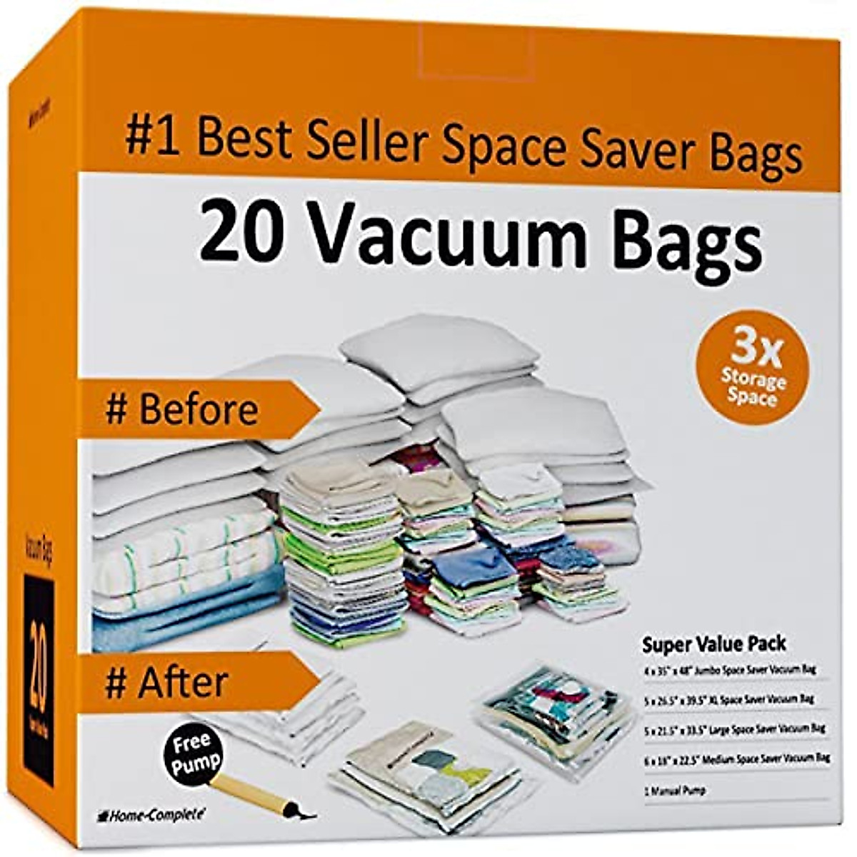 20 Vacuum Sealer Bags – Compression Bags for Travel, Clothes, and Blanket Storage – Airtight Space Saver Bags in 4 Sizes and Pump by Home-Complete