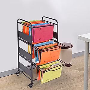 ALAPUR Rolling File Carts with Wheels Hanging Files,3 Tier Metal Filing Cart Organizer for Letter Size Movable Pull-Out File Folder Rack
