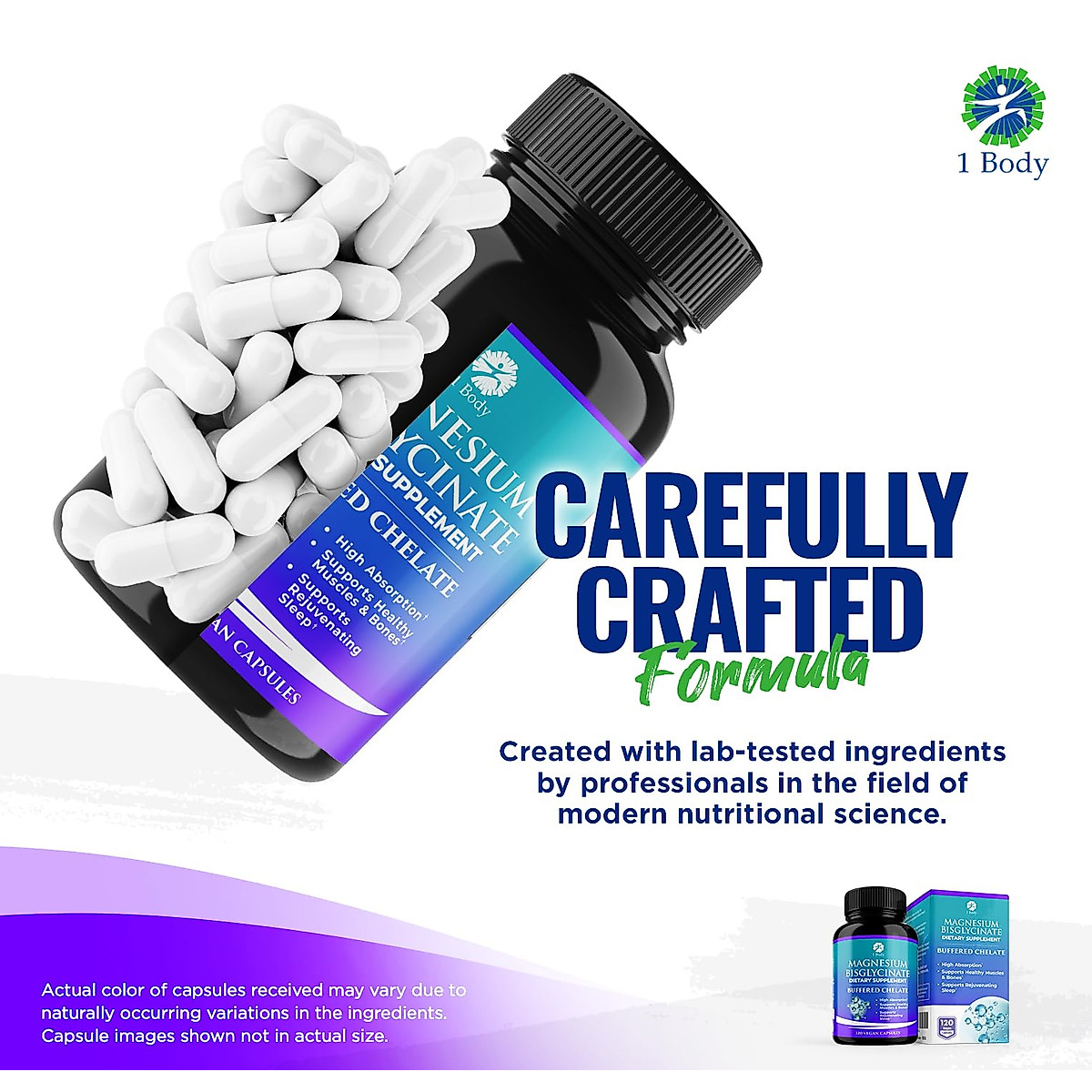 1 Body Magnesium Bisglycinate Supplement, 44 mg Pure Chelated Formula, 120 Capsules, Maximum Absorption, Muscle Cramp Relief