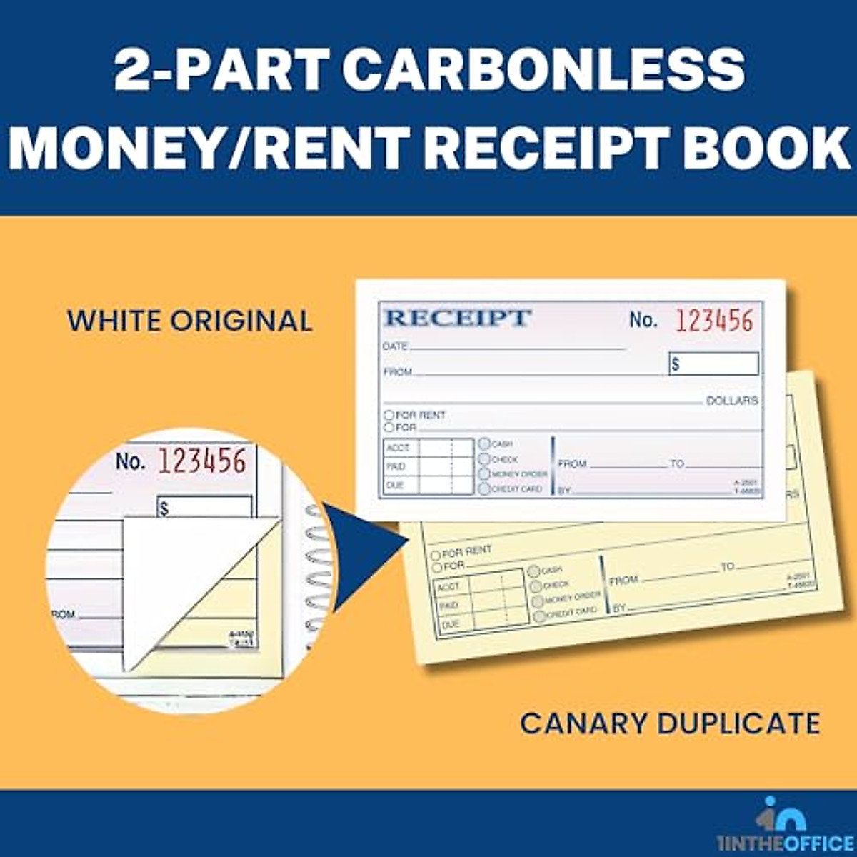 1InTheOffice Money and Rent Receipt, Carbonless Rent Receipt Book, Receipt Book, 2-Part, 4.75" x 2.75", 200 Sets/Book