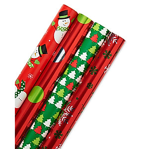 American Greetings Christmas Reversible Wrapping Paper Bundle, Polka Dots, Trees, Snowmen and Snowflakes (4 Rolls, 120 sq. ft.)