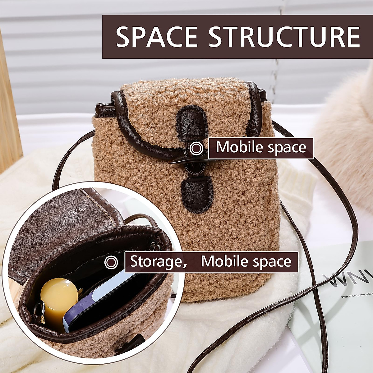 Mei Gu Dong Fashion Women's Diagonal Straddle Bag, Lamb Fleece Mobile Wallet (Brown)