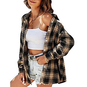 Zontroldy Womens Yellow Flannel Plaid Shirt Button Down Long Sleeve Casual Oversized Blouse Tops (0228-Khaki-M)