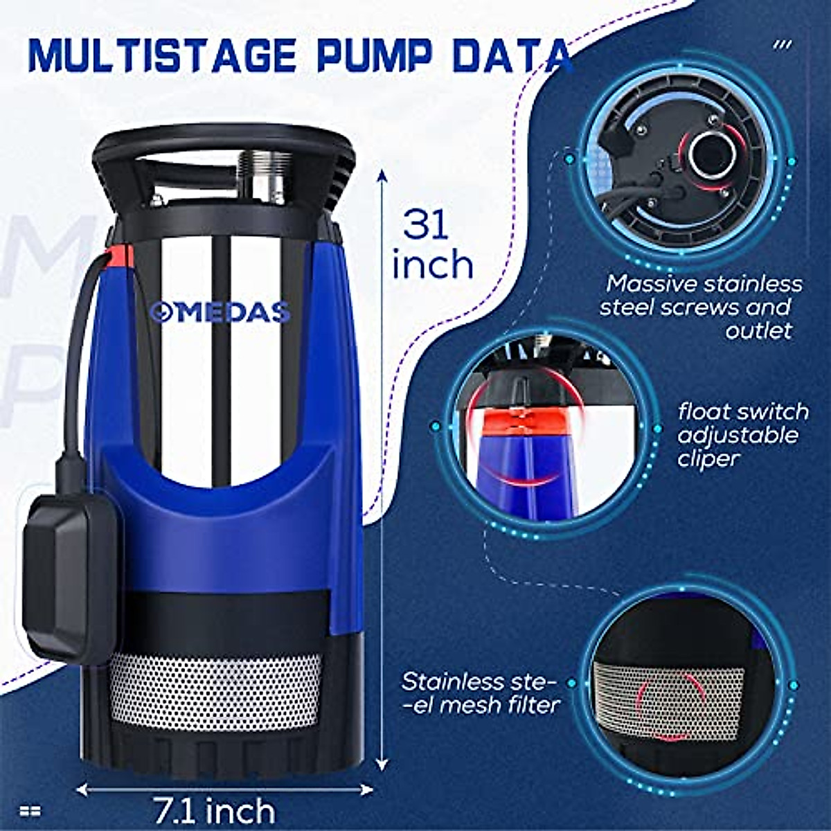 MEDAS 2HP 1500W 1717GPH Multistage Submersible Water Pump Deep Well Utility Pump Portable Electric Stainless Steel Pump for Swimming Pool Garden Tub Pond