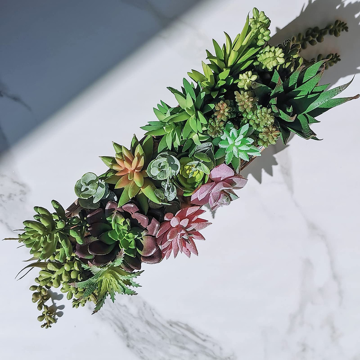 19 Pcs Assorted Artificial Succulents Fake Plants in Rectangular Wooden Pot Succulents Garden in Wood Planter Box Potted Succulents Plants Arrangement for Table Centerpiece Windowsill Greenery Decor