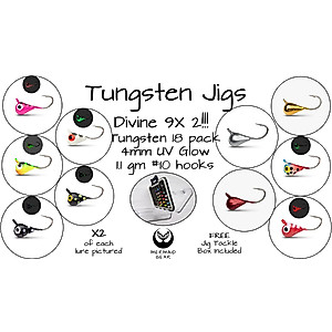 Tungsten UV Glow Ice Fishing Jigs - Divine 9 X 2=18 Pack Plus Free Tackle Box Case Included 4mm 1.1gm #10 Hook Lure Bait Walleye Crappie Panfish Trout