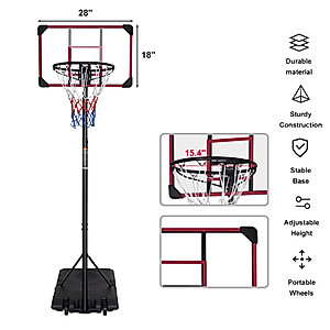 HooKung Portable Basketball Hoops Height Adjustable 5.6ft -7ft Basketball System 28 Inch Backboard with Wheels for Teenagers Youth Indoor Outdoor Use, red