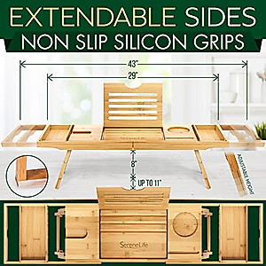 SereneLife Bath Caddy Breakfast Tray Combo - Natural Bamboo Wood Waterproof Bath Tub Caddy and Bed Tray with Folding Slide-Out Arms, Device Grooves, Wine Glass and Soap Holder SLBCAD50.5 , Brown