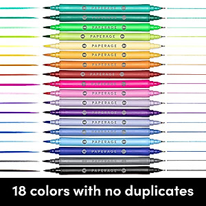 PAPERAGE Dual Tip Brush Pens (4.0mm Brush Tip + 0.5mm Fine Tip), Rainbow, 18 Pack Dual Tip Brush Pen Set for Drawing, Hand-Lettering, Calligraphy, Journaling and More