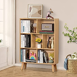LEYAOYAO Wooden 7 Cube Book Shelf, Natural 3 Tier Bookshelf with Legs, Modern Open Storage Organizer,Boho Bookcase,Display Cabinet Shelf Free Standing Bookshelves for Bedroom,Living Room,Office