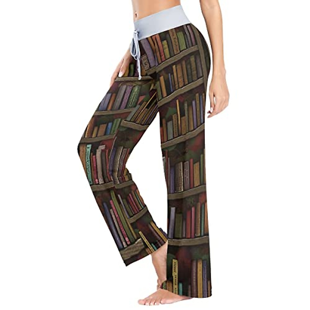 Aeoiba Women's Pajamas Comfy Pajama Lounge Pants Vintage Library Bookshelf Bookcase Book Drawstring Wide Leg Palazzo Pants, Large