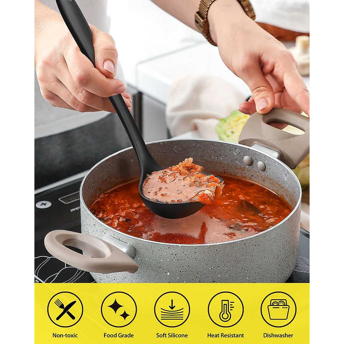 3 Pcs Silicone Kitchen Utensils Set, Soup Ladle-Pasta Fork-Slottede Spoon, Nonstick BPA Free High Heat Resistant Cooking Utensils for Mixing, Serving, Draining, Turning, Stirring