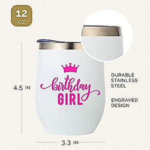 Your Dream Party Shop Powder Coated Stainless Steel 12oz Stemless Wine Glass with Straw and Lid with Print (Birthday Girl)