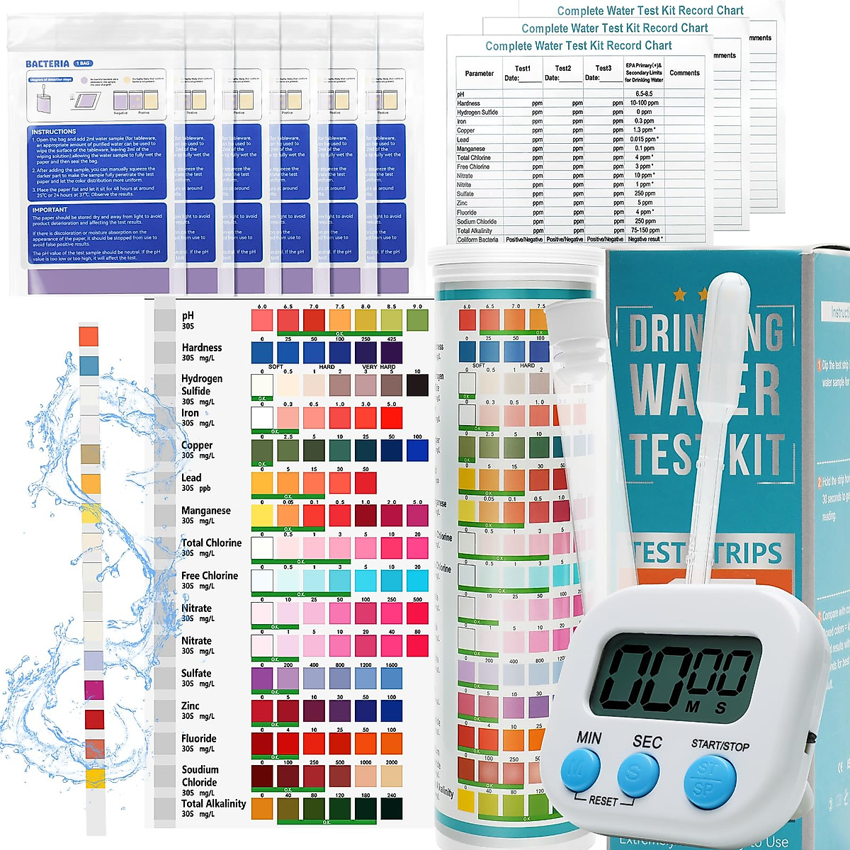 125+13Pcs 17in1 Drinking Water Test Kit, Luxiv 125P Water Quality Test Strips 6P E. coli Test Strips with Recording Paper, Timer Home Tap Well Water Test Kit for Lead Iron Copper Chlorine Fluoride PH