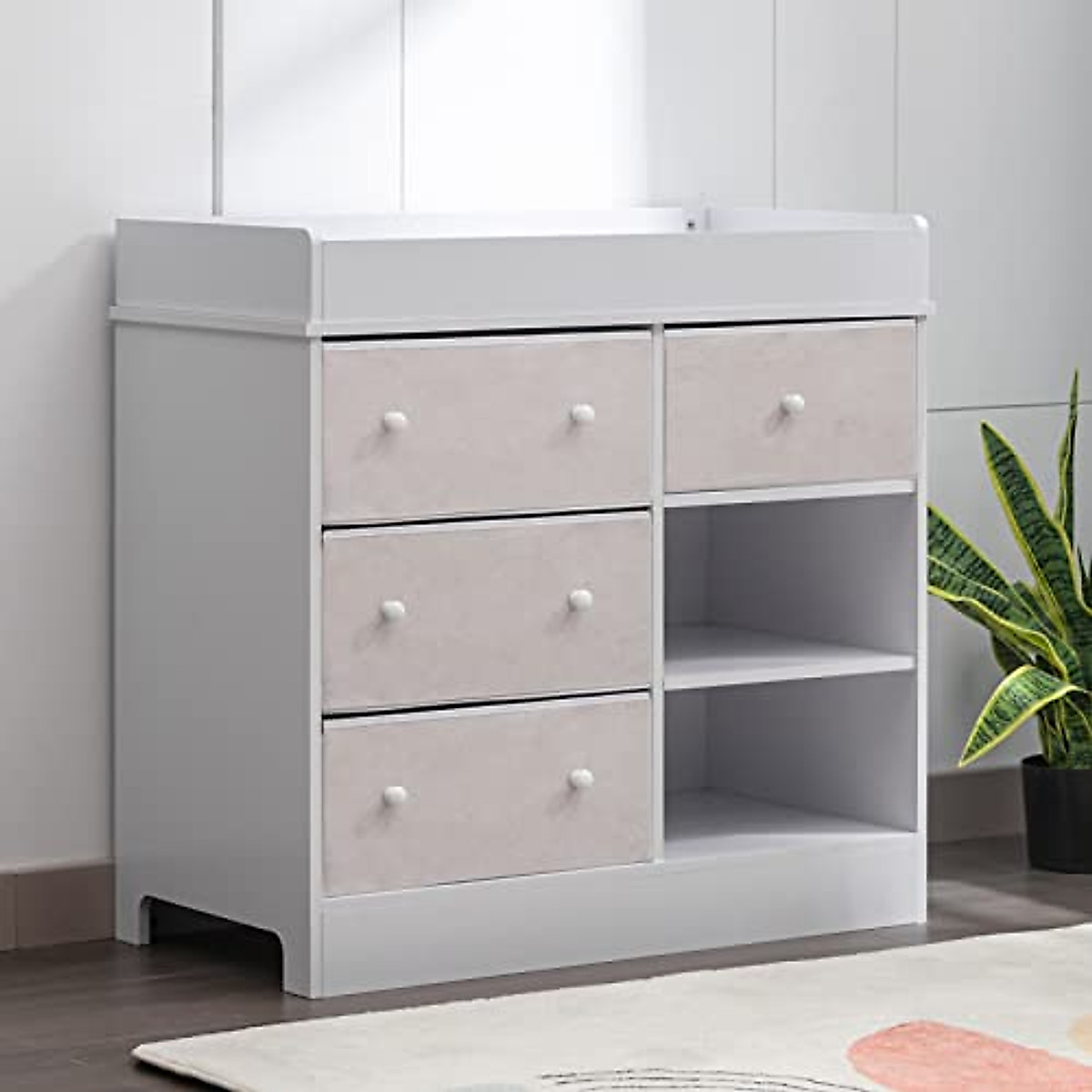 Changing Table with 4 Drawers, Changing Table Dresser with Changing Top and 2 Shelves, Infant Baby Diaper Changing Station for Nursery Bedroom Living Room, Diaper Changing Station