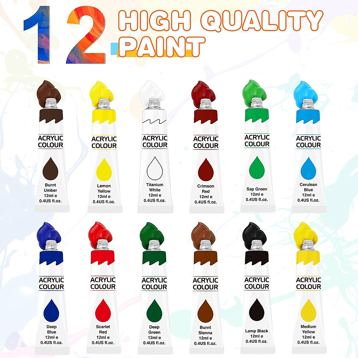 ESRICH 26PCS Acrylic Paint Set with 12Colors Acrylic Paints (12ml, 0.4 oz), 10 Paint Brushes, 2Canvas, 1 Wood Easel, 1 Plate, Painting Supplies Kits for Kids, Adults, Artists and Beginners