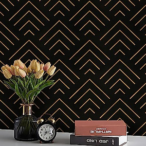 Heroad Brand Peel and Stick Wallpaper Black and Gold Wallpaper Geometric Wallpaper Black and Gold Contact Paper Self Adhesive Removable Wallpaper for Cabinets Waterproof Thicken Vinyl 118"x17.3"