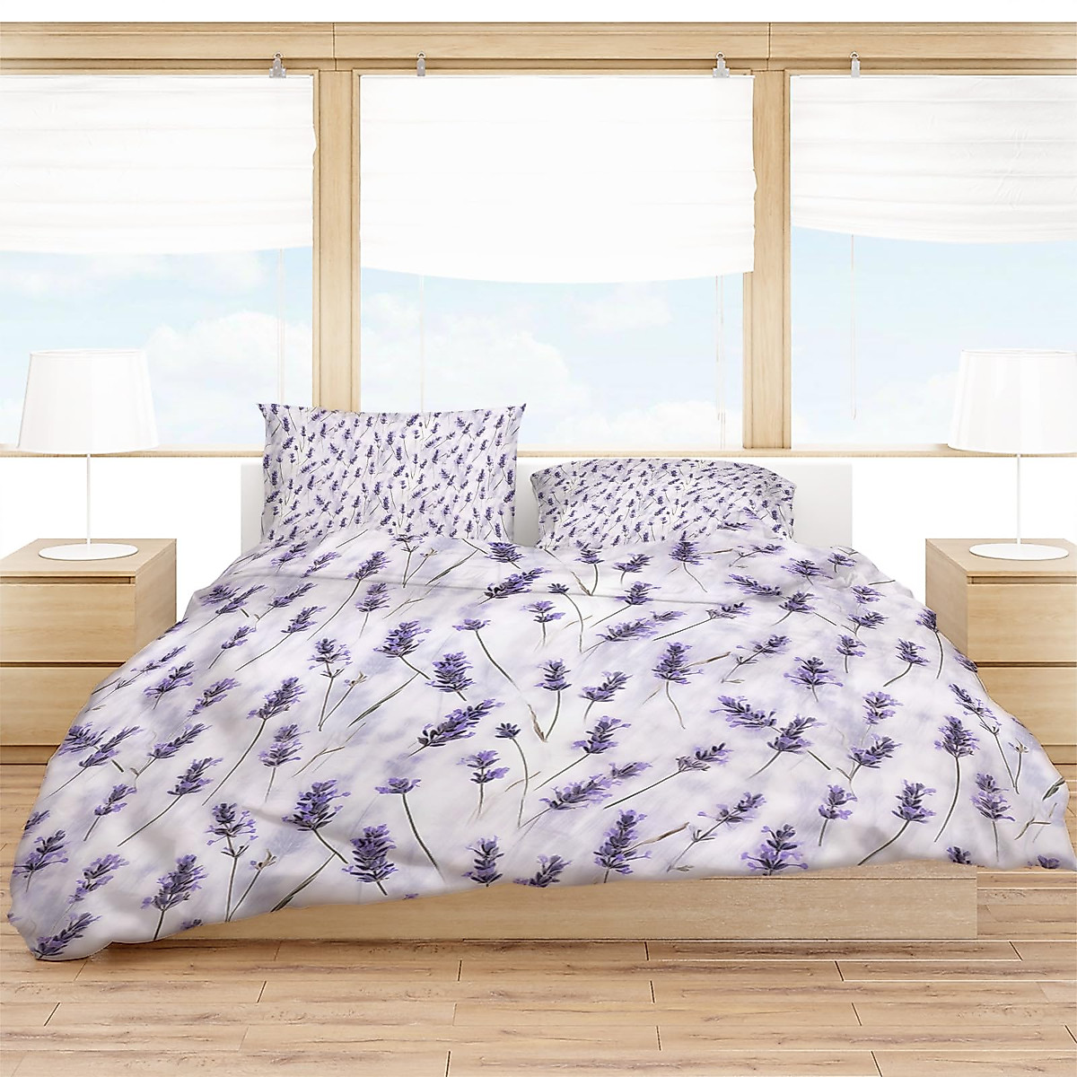 Anzona Purple Lavender Duvet Cover Queen Size - 4 Pieces Duvet Cover Set, Spring Flower Watercolor Floral Rustic Bedding Comforter Cover Zipper Closure, 1 Duvet Cover 1 Fitted Sheet 2 Pillow Shams