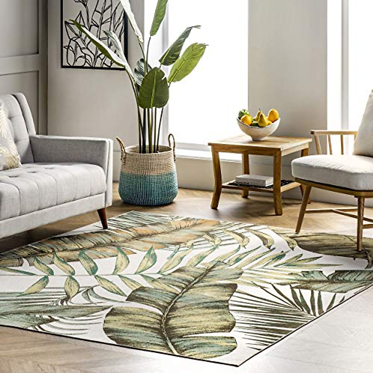 nuLOOM Elen Machine Washable Natural Leaves Ultra Thin Area Rug, 9x12, Olive
