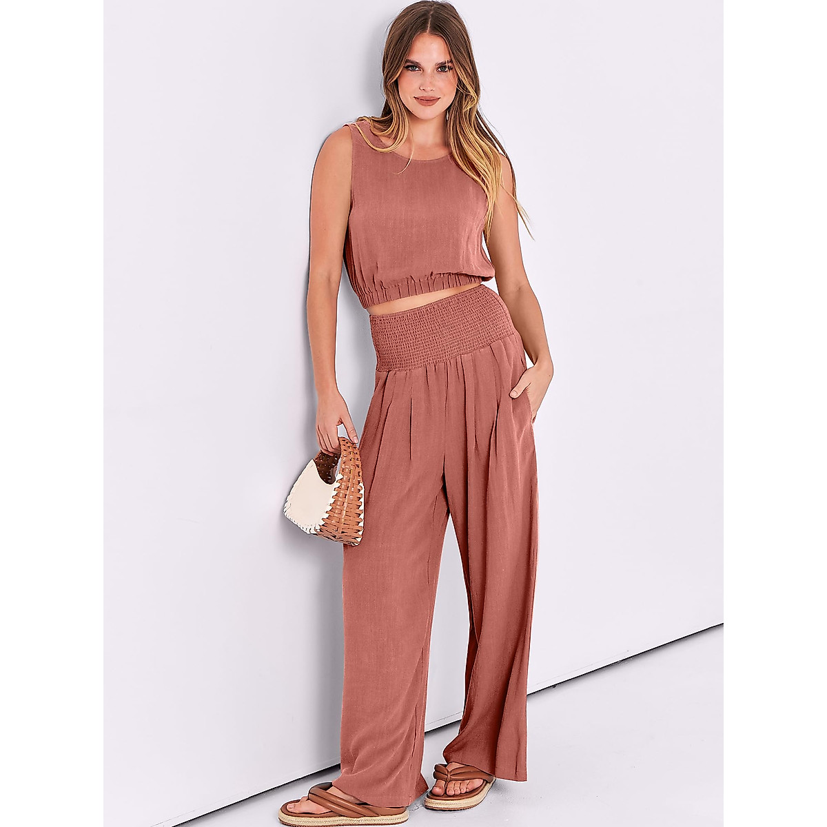 ANRABESS Women's 2 Piece Linen Lounge Set Casual Matching Pants Jumpsuit Summer Beach Travel Vacation Trendy Outfits X-Large