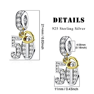 Silver 50th Birthday Charms Anniversary Golden Heart 50 Years of Love Dangle Beads for Pandora Bracelets Necklaces