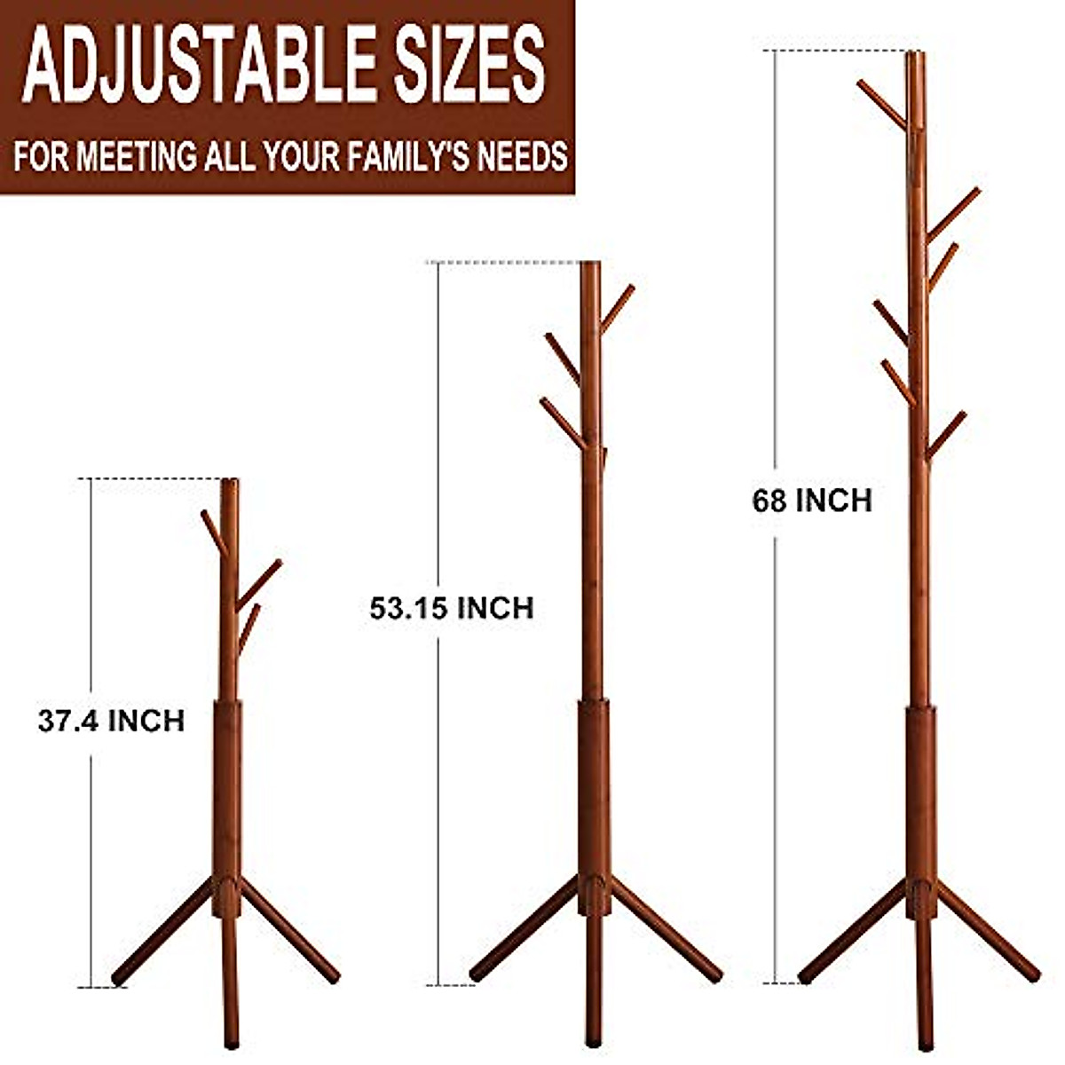 FILWH Premium Bamboo Coat Rack Tree with 8 Hooks, 3 Adjustable Sizes Free Standing Wooden Coat Rack, Super Easy Assembly Hallway, Entryway Coat Hanger Stand for Clothes Suits