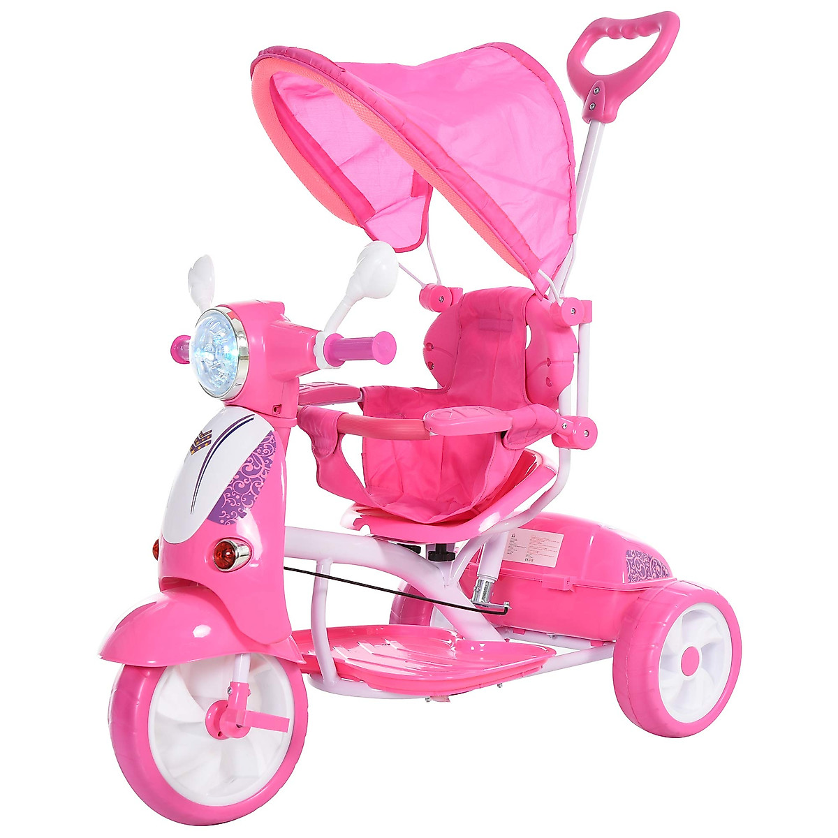 Qaba Children Ride-On Moped Tricycle with a Stylish Design & Interactive Music & Lighting Functions Pink