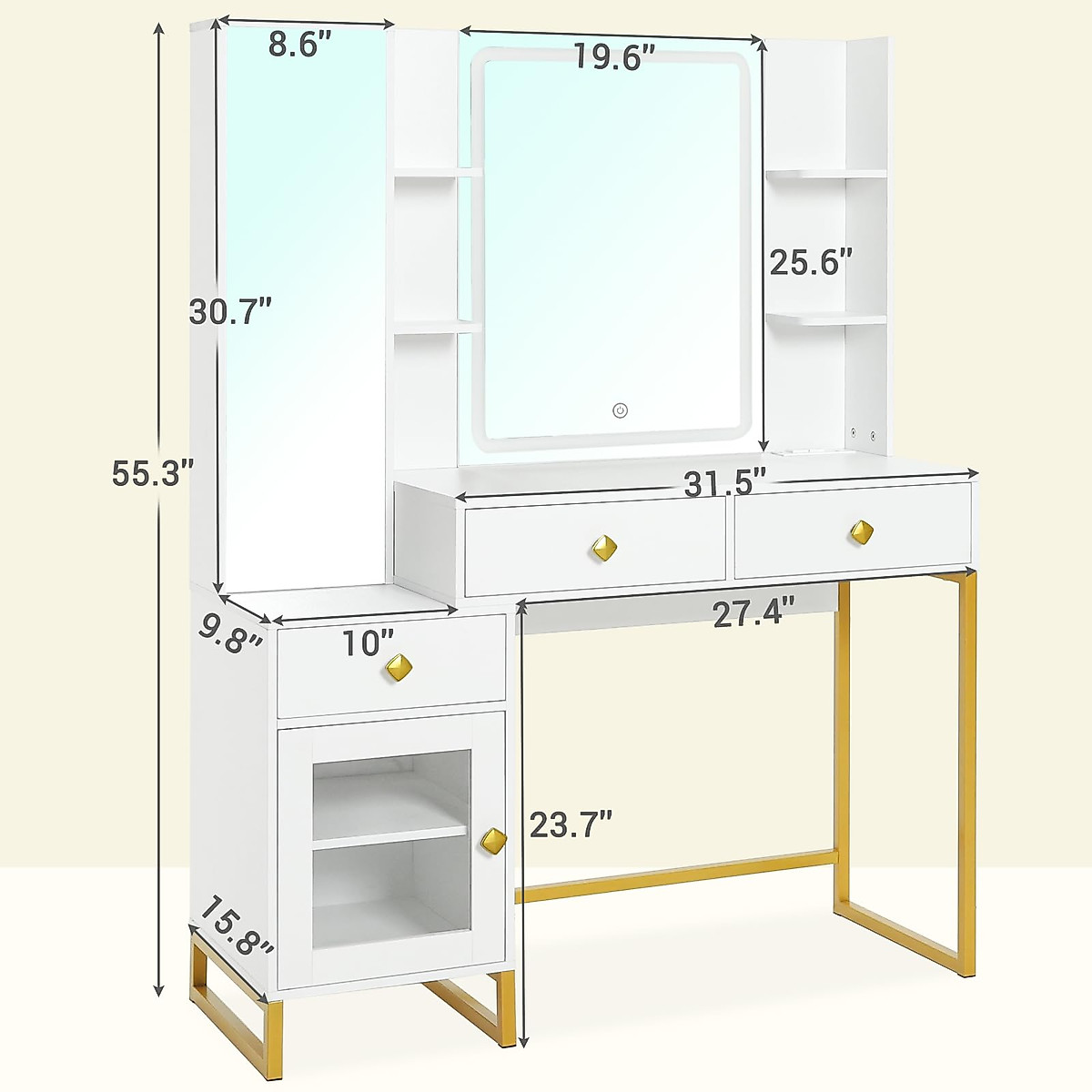 BTHFST Vanity Desk with Full Length Mirror and Lights, Makeup Vanity with Lights and Charging Station, Large Makeup Table with Drawers Shelves Cabinet, Vanity Table with Ambient Light, White and Gold