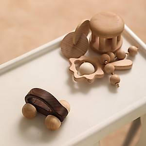 Wooden Baby Toys for Babies 0-6 Mounths, Wooden Rattles Grasping Toys Set, Montessori Wood Baby Push Car and Handbells，Interlocking Dics Toys, Wooden Toy for Newborn Infant Baby Gifts, 5 PCS