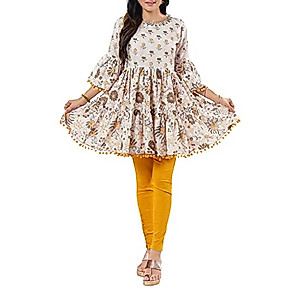 IshDeena Indian Anarkali Kurtis for Women - Kurta, Boho, Tunic Tops - Frock and Peplum Style Rayon Printed M to Plus Size (Cream - b23id5/Medium)