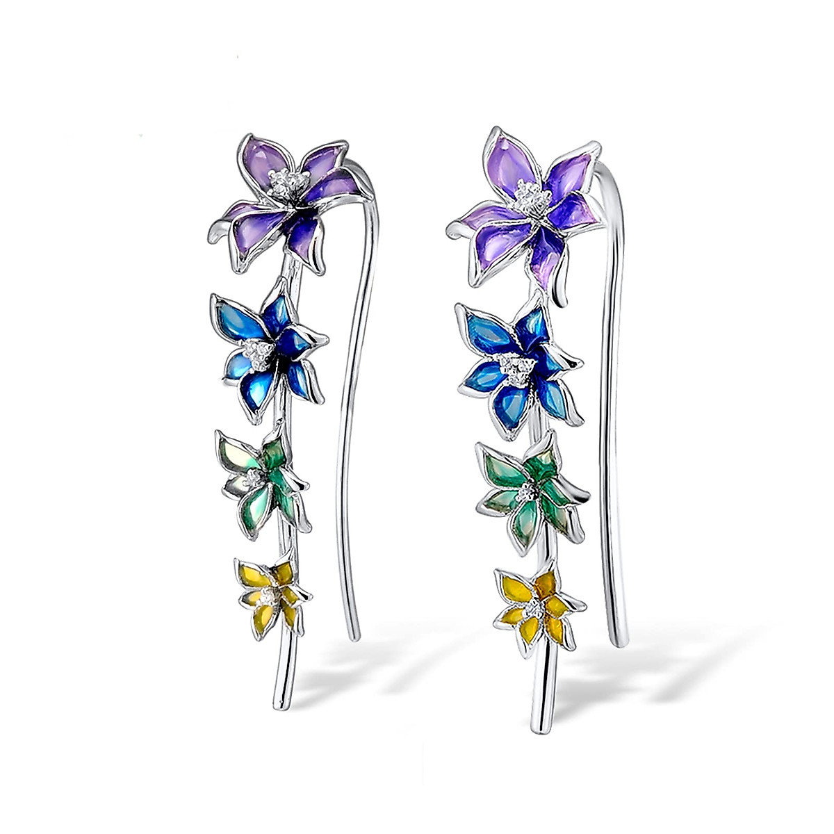 Santuzza Enamel Colorful Flower Ear Cuffs Climber Earrings 925 Sterling Silver Orchid Ear Crawler Earrings for Women